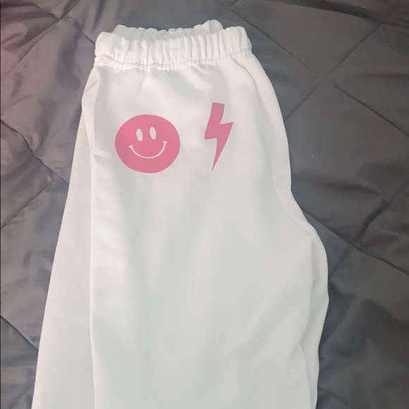 Pants & Jumpsuits | Smiley Face Lightning Bolt White Sweatpants | Poshmark